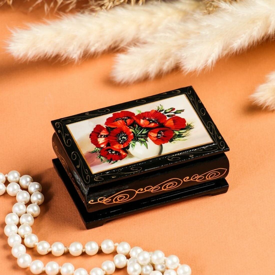 Шкатулка "Маки в вазе", 6×9 см, лаковая миниатюра