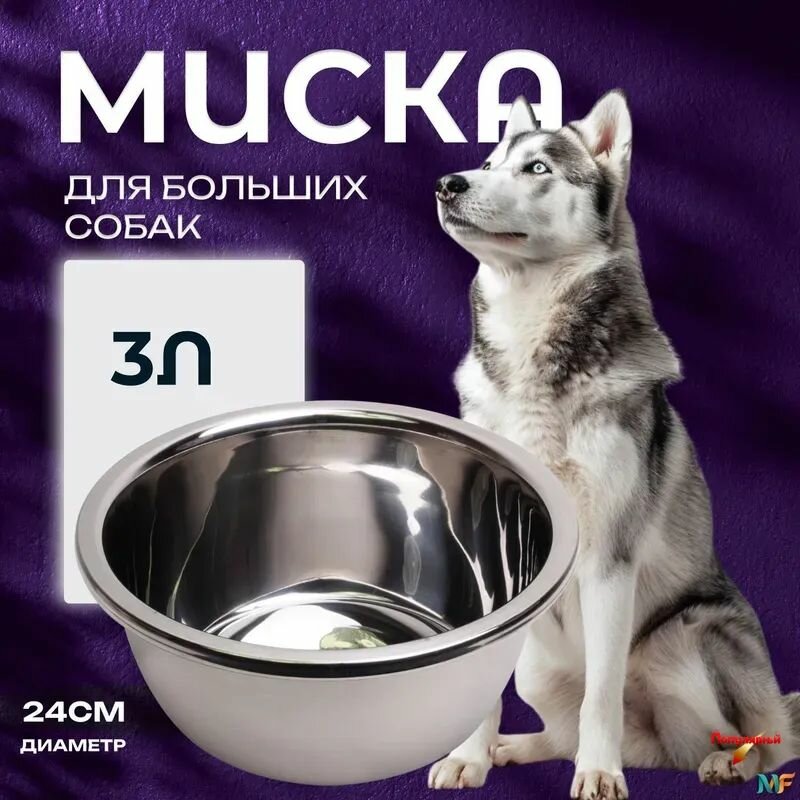 Миска 24 см стальная большая для собак, щенков крупных и средних пород, миска глубокая металлическая из нержавеющей стали для больших животных из нержавейки