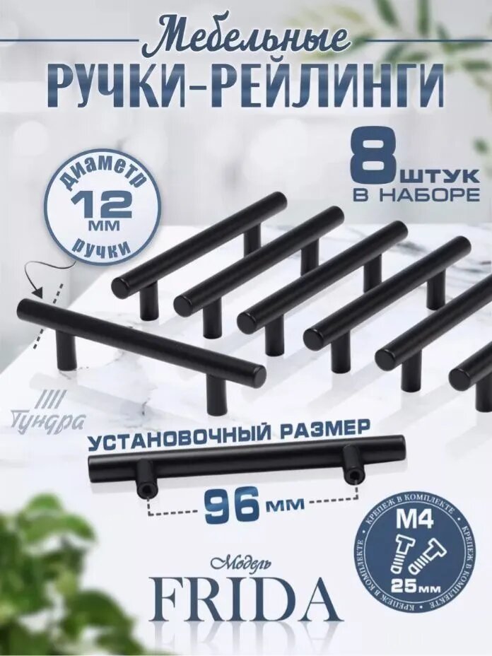 Ручки-рейлинг черные 96 мм металлические 8 штук для шкафов и кухонных фасадов
