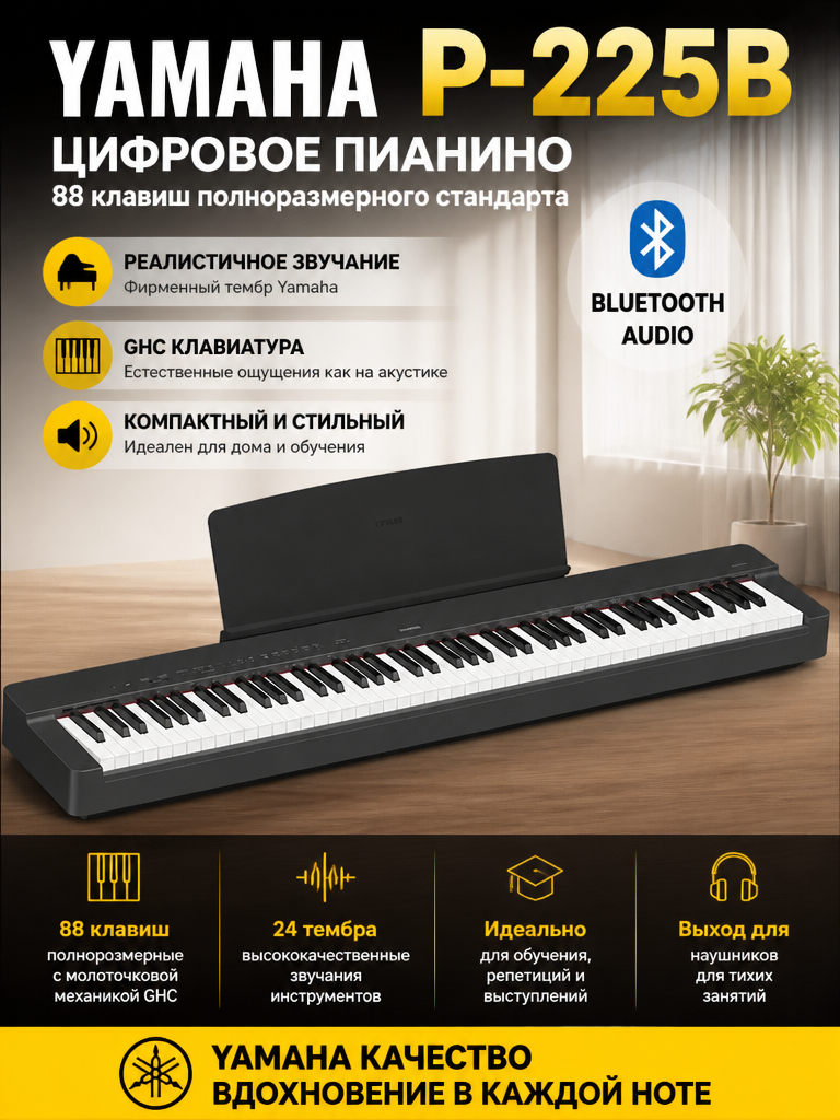 Цифровое пианино Yamaha P-225, черно-матовое, внешнее питание