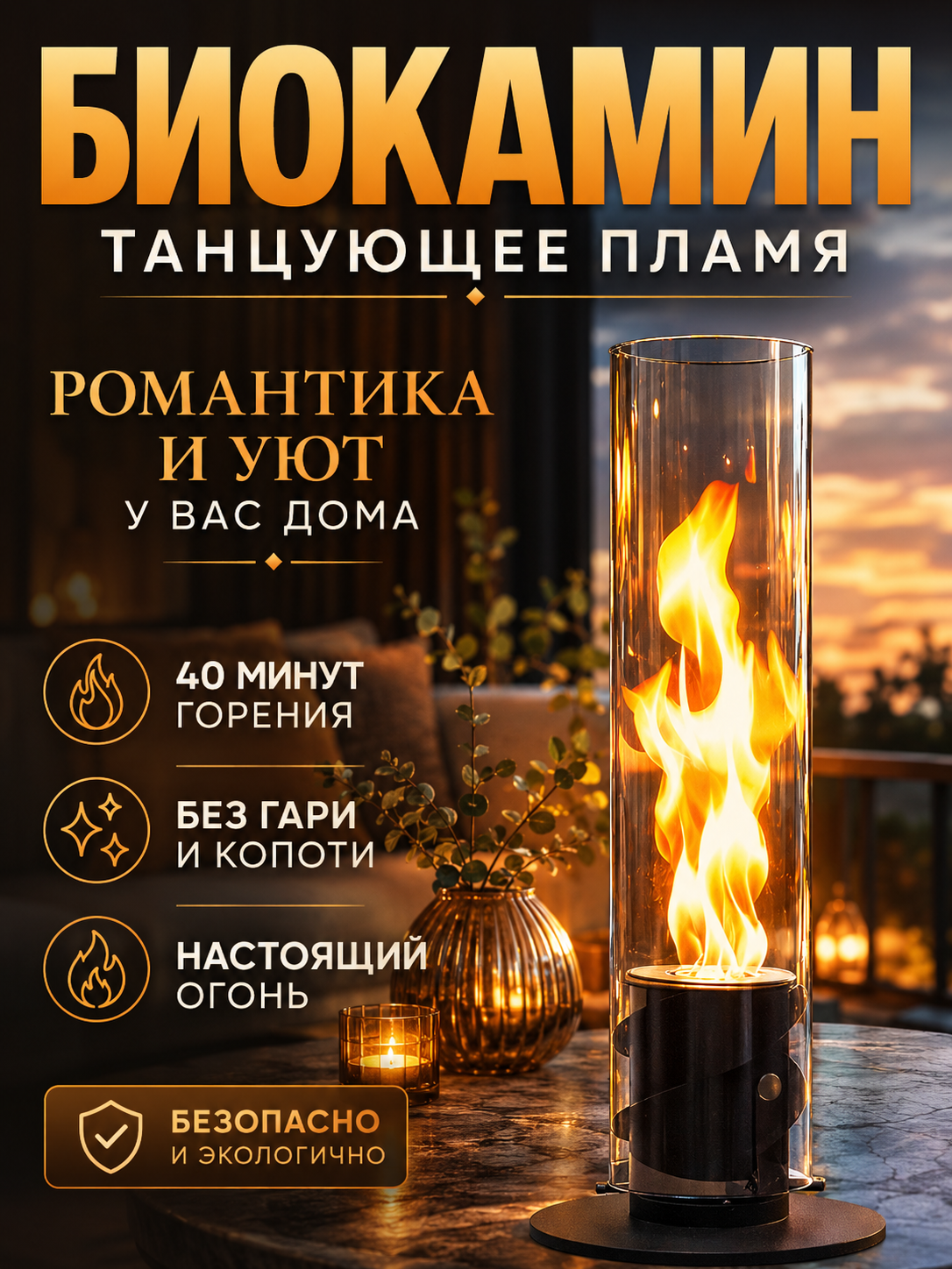 Биокамин факел настольный 40 минут горение для дома дачи природы