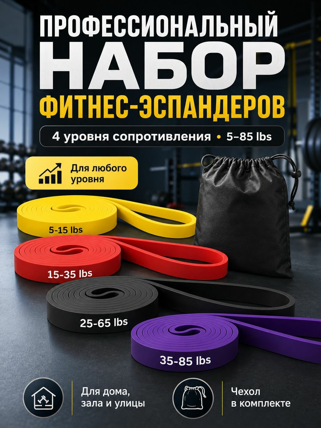 Резинки для фитнеса набор 4 шт, резинка для фитнеса с разным уровнем сопротивления