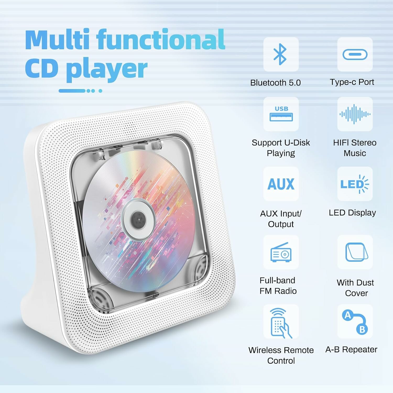 Вертикальный эстетичный CD-плеер, настольный дисковый плеер с Bluetooth 5.0, Hi-Fi стереодинамиками, пультом дистанционного управления, FM-радио, USB, AUX, питание от Type-C