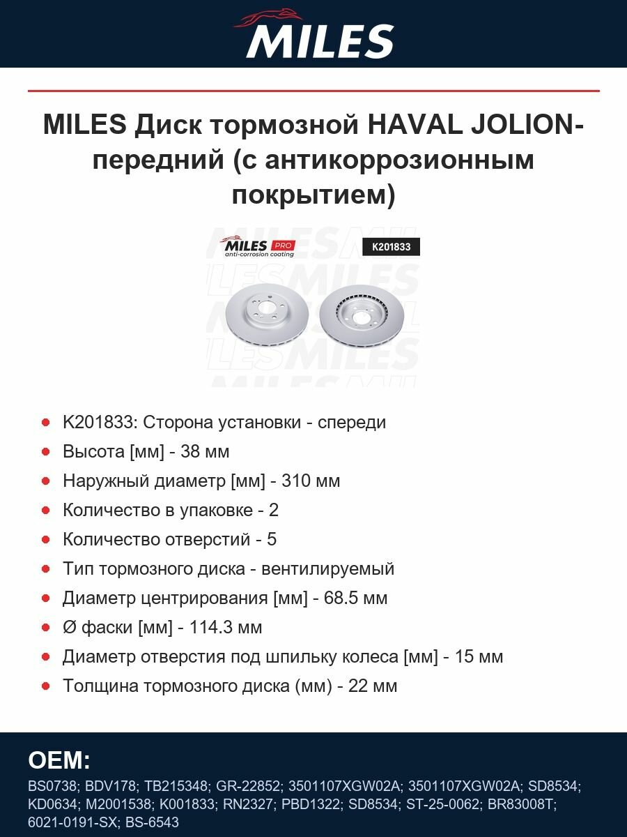MILES Диск тормозной HAVAL JOLION- передний (с антикоррозионным покрытием)