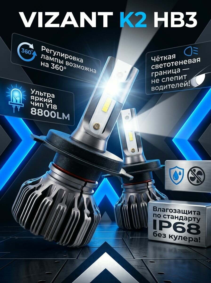 Светодиодные лампы Vizant K2 цоколь HB3 9005 с чипом CSP Y18 4400lm 5000k