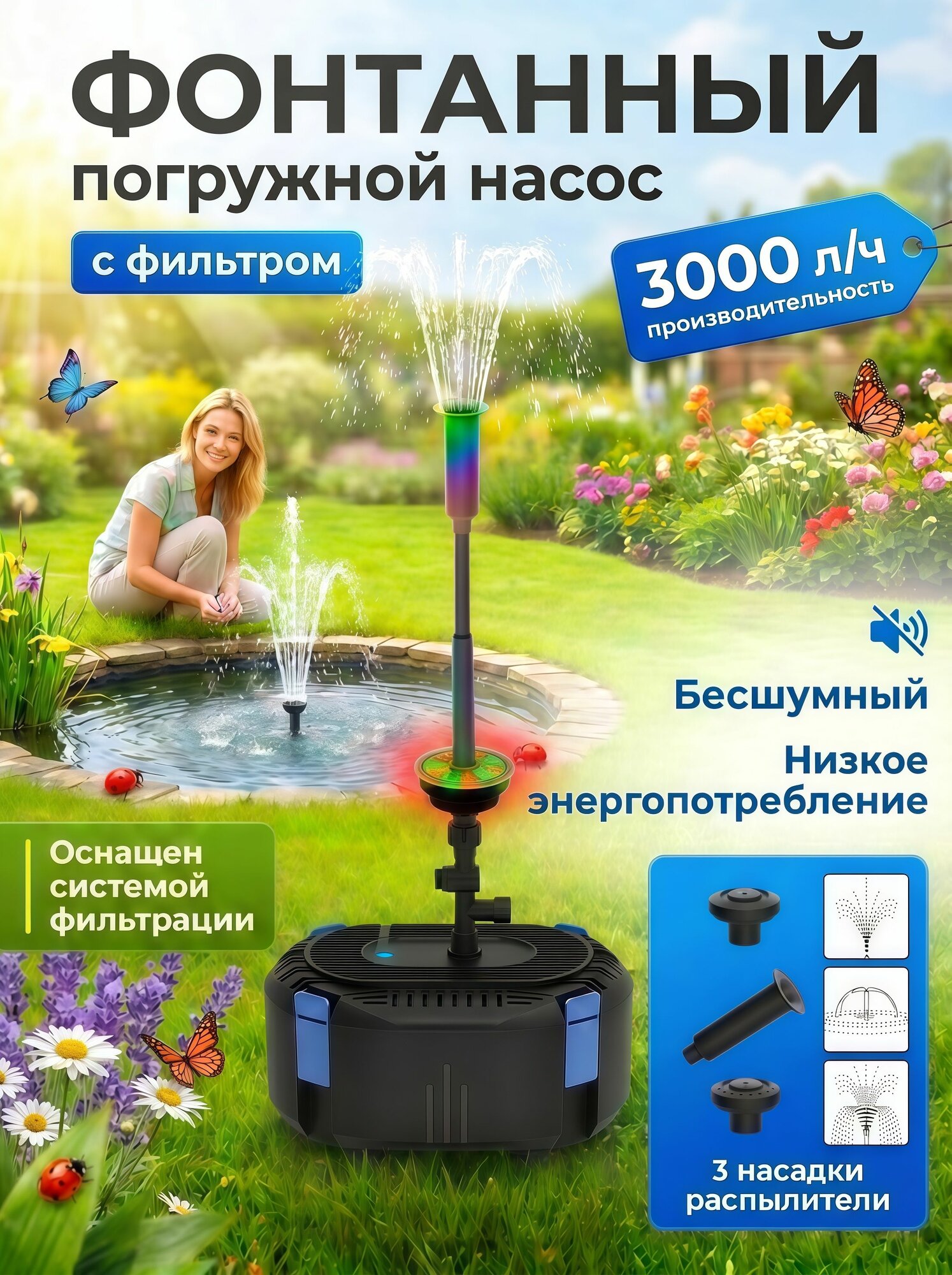 Погружной фонтанный насос-45 Вт, напор 1.6 м, 3000 л/ч+фильтрацией, УФ-лампой и RGB-подсветкой для пруда