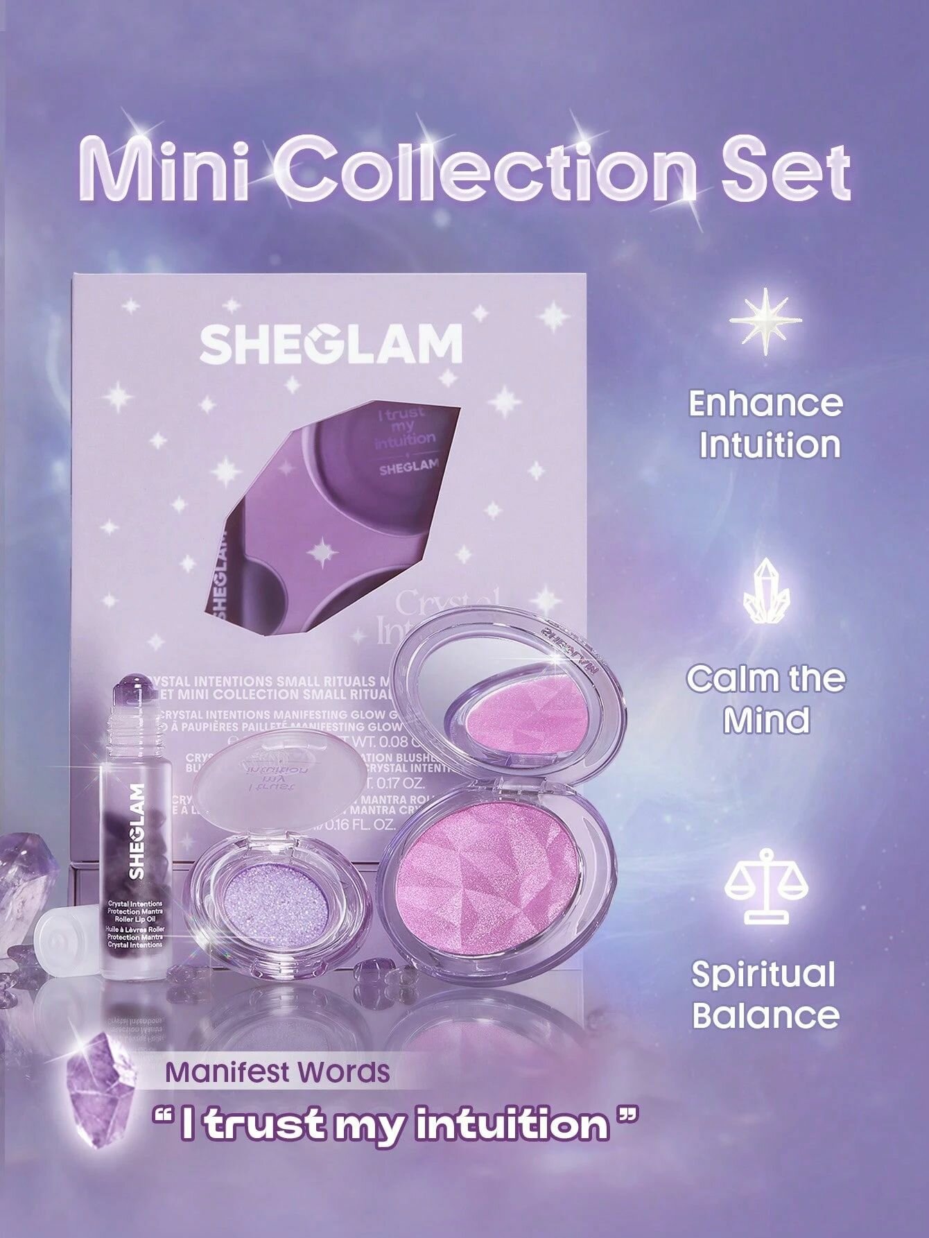 Подарочный набор косметики Crystal Intentions Amethyst 3 в 1, Фиолетовые тени хайлайтер и роликовое масло для губ, Бьюти-бокс