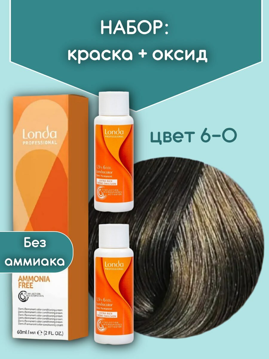 Набор: Оксид 1,9% (2 шт) + Крем-краска Londa Professional деми-перманентная Ammonia-free, 6/0 Темный блонд, 60 мл