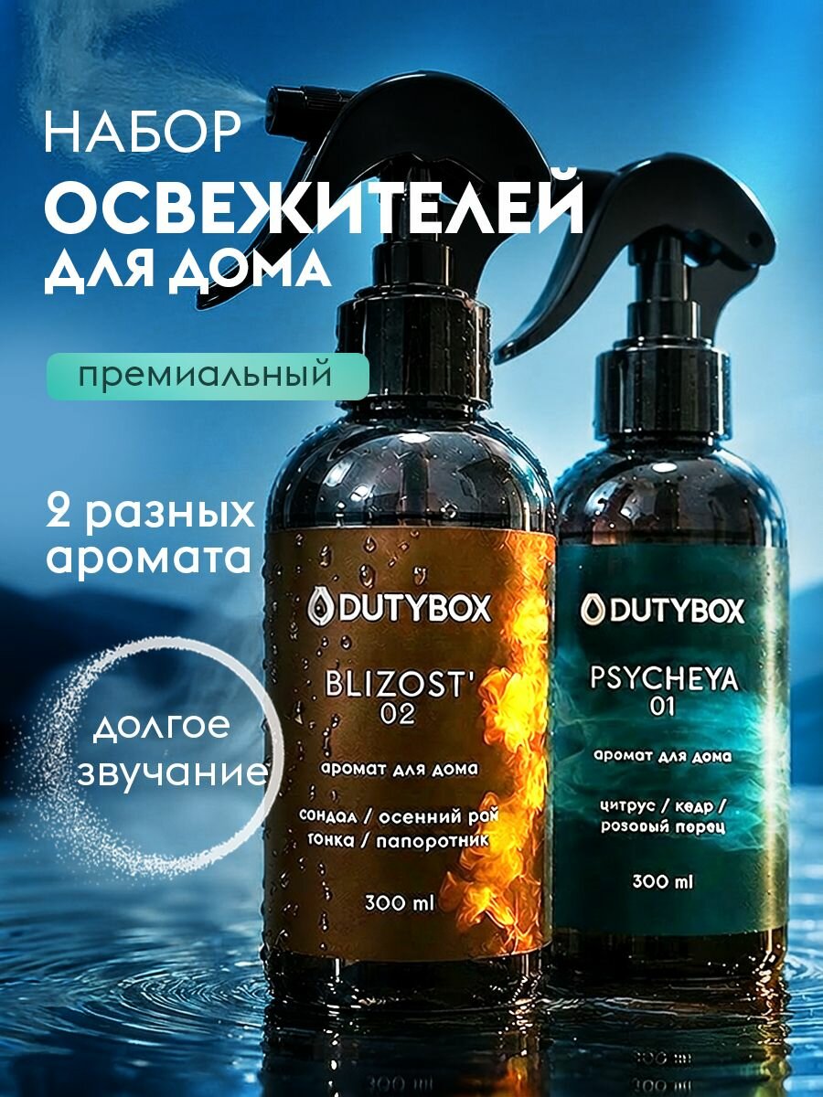 Парфюмированный освежитель воздуха DUTYBOX "близость" и "психея", набор 300+300 мл два аромата 600 мл
