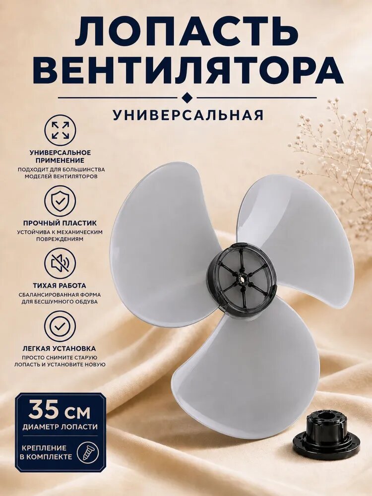 Лопасть вентилятора универсальная 35 см / Крыльчатка 3 лопасти для напольного и настольного вентилятора (крепление в комплекте, прочный пластик)