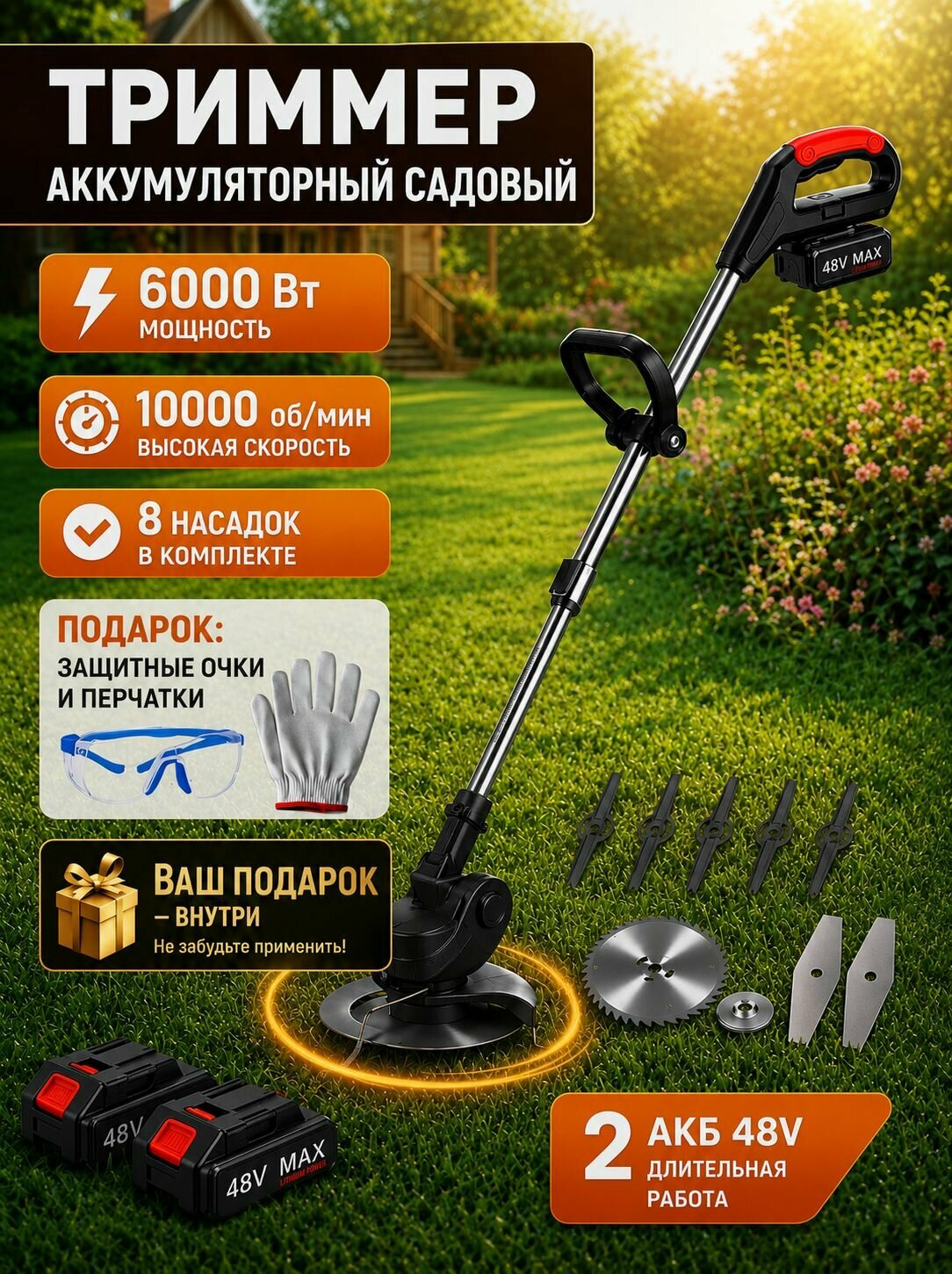 Триммер аккумуляторный садовый мощный, газонокосилка аккумуляторная, триммер для травы, электрокоса 48V, 2 АКБ