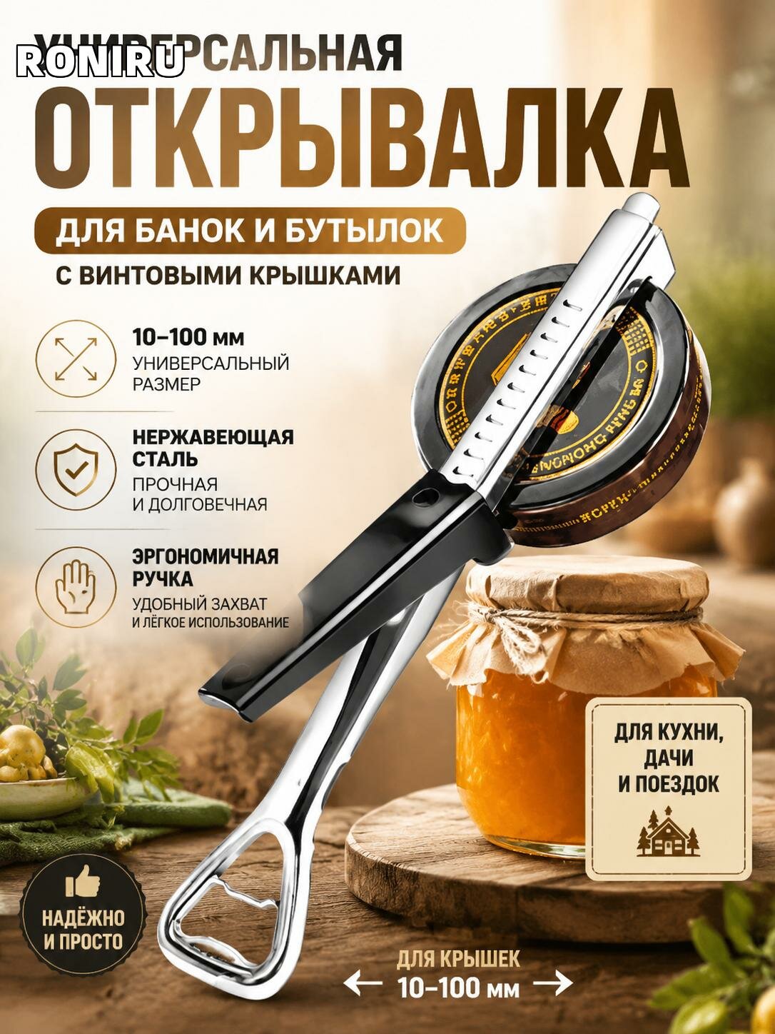 Универсальная нержавеющая открывалка для банок и бутылок с винтовыми крышками 10-100 мм для кухни, дачи и поездок