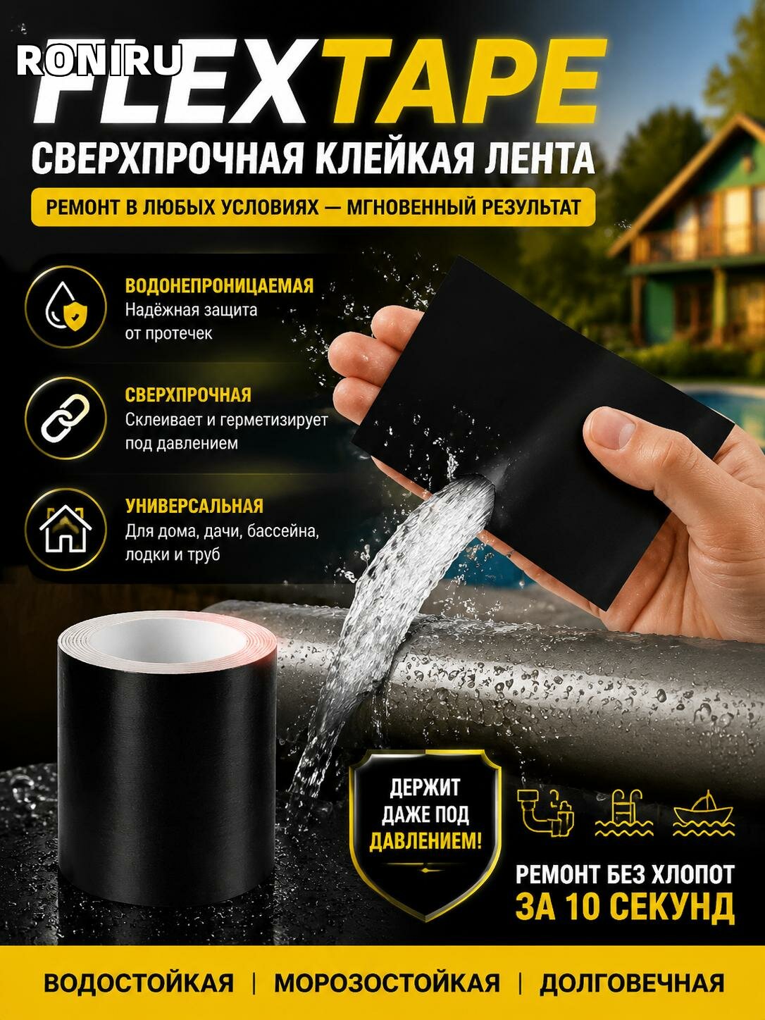 FlexTape- сверхпрочная клейкая лента для ремонта труб, бассейнов и лодок, водостойкая, универсальная для дачи и дома