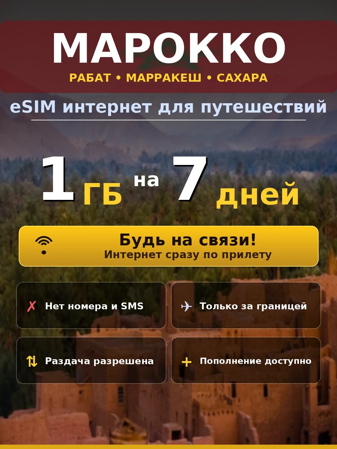 ESIM Марокко — мобильный интернет 1 ГБ на 7 дней | виртуальная SIM-карта для путешествий