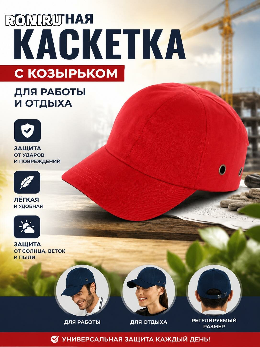 Защитная каскетка с козырьком для работы и отдыха — лёгкая универсальная головная защита от солнца, веток и пыли