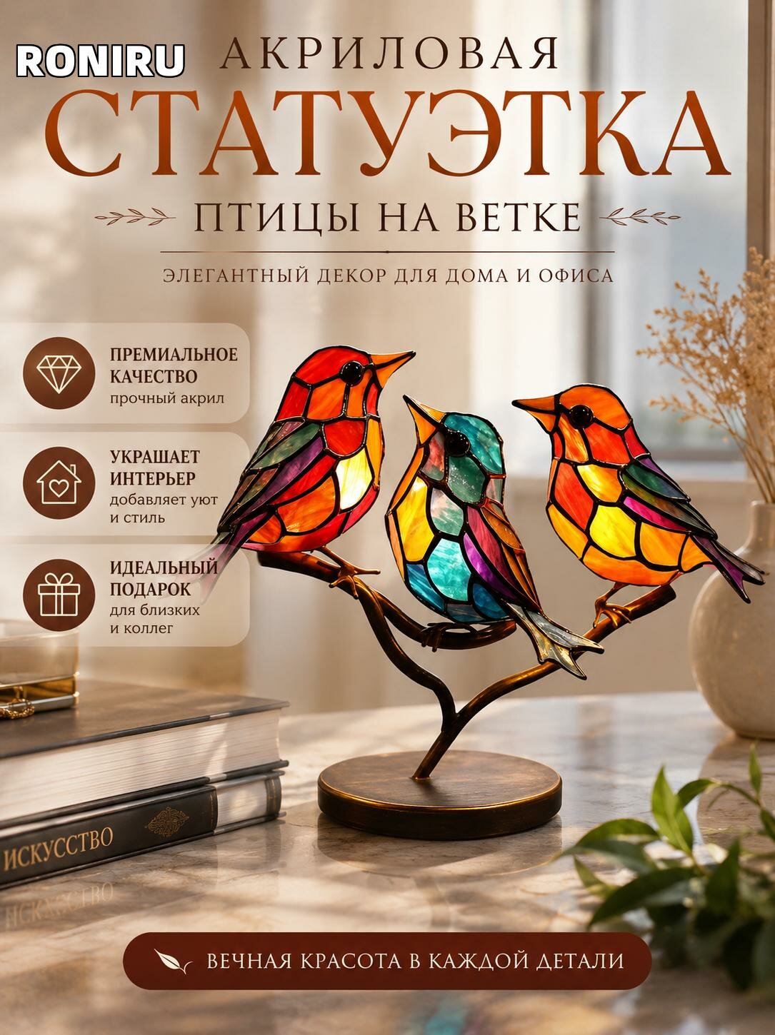 Акриловая статуэтка птицы на ветке — элегантный декор для дома и офиса, стильное украшение интерьера и подарок