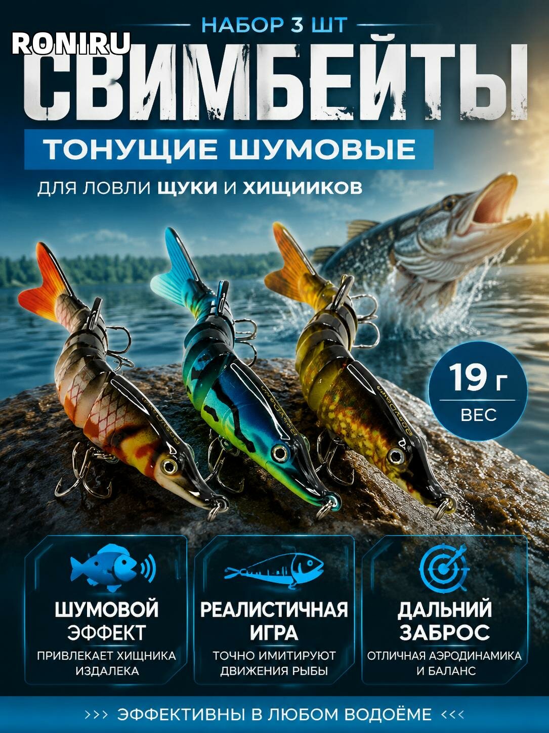 Воблеры Свимбейт 19 г тонущие шумовые для ловли щуки и хищников, набор 3 шт с реалистичной игрой и дальним забросом