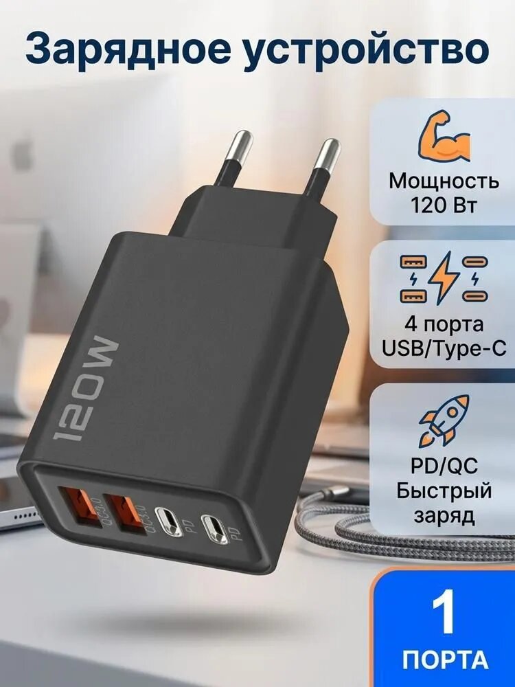 Сетевое зарядное устройство быстрая зарядка 120W 4 порта USB Type C адаптер блок питания для телефона и ноутбука