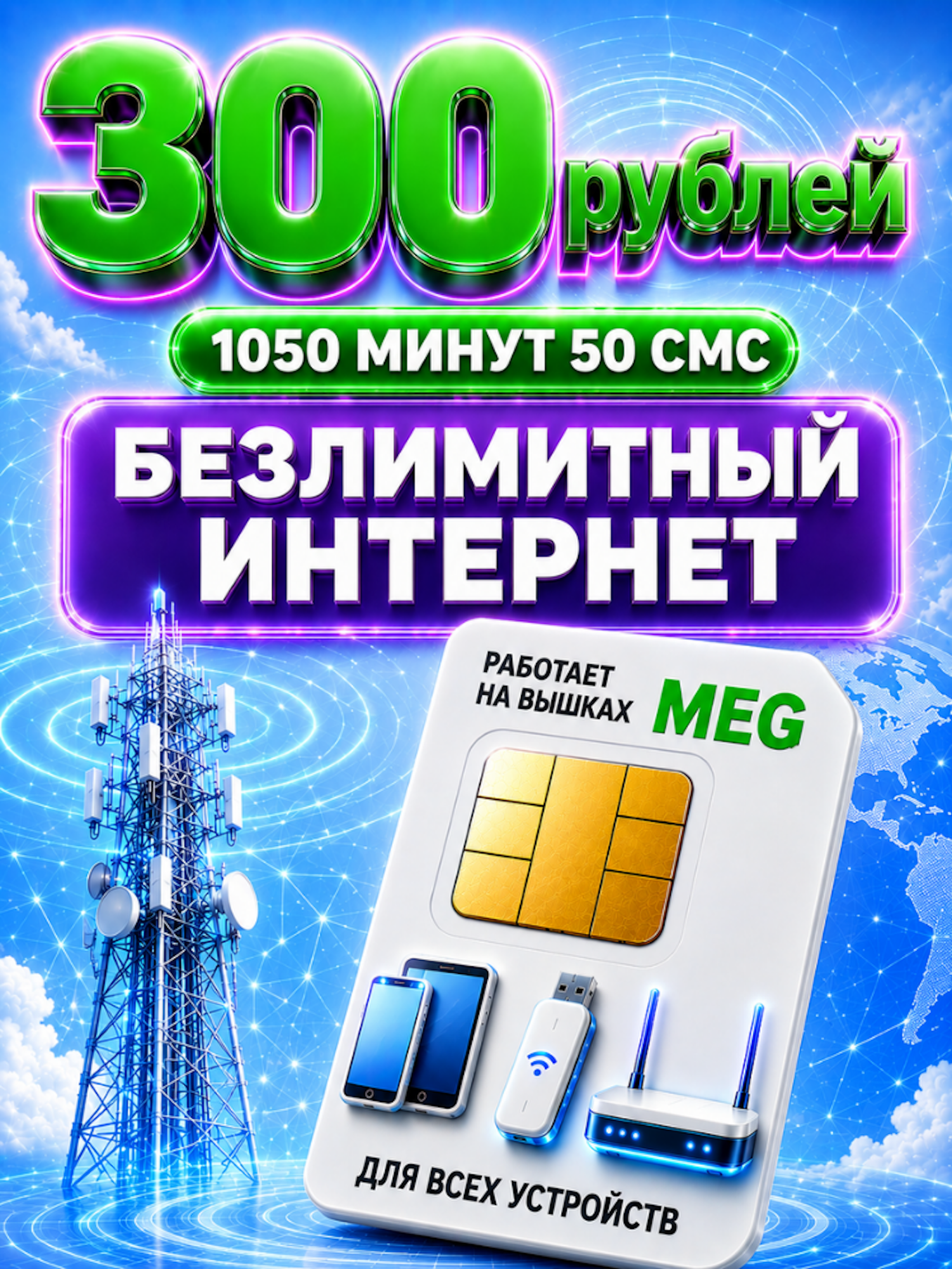 "Безлимитный интернет" сим карта 300 рублей в месяц по всей России саморегистрация YV2FM