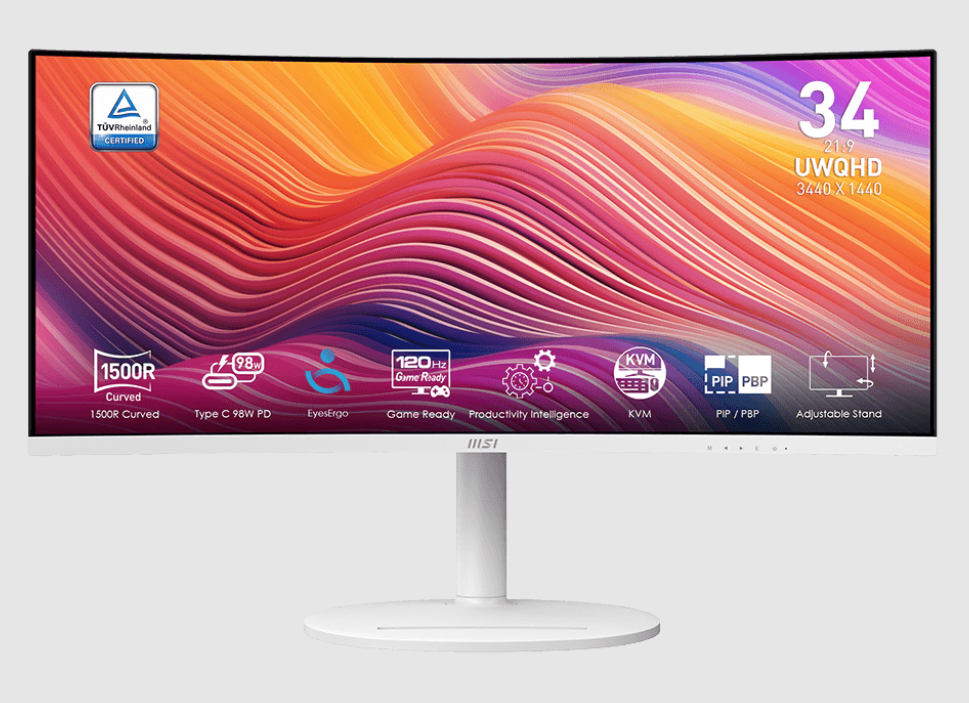 Монитор MSI 34" Modern MD342CQPW 1500R, 21:9, VA, UWQHD 1/4ms, 300cd, 120Hz, HDMI, DP, USB, USB-C, SPK, HAS
