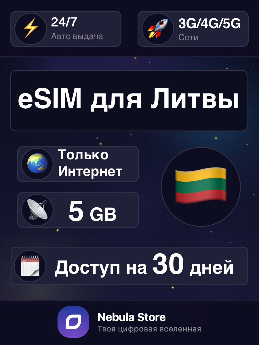 ESIM Литва | Интернет | 5 ГБ на 30 дней | 4G, 5G | Для телефона и планшета - автовыдача 24/7