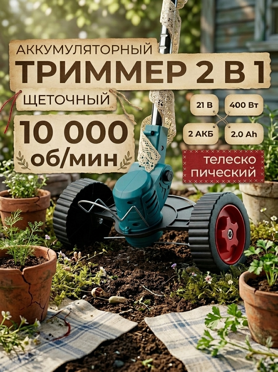 Триммер, для газона, 2в1, телескопический, аккумуляторный, 4 насадки