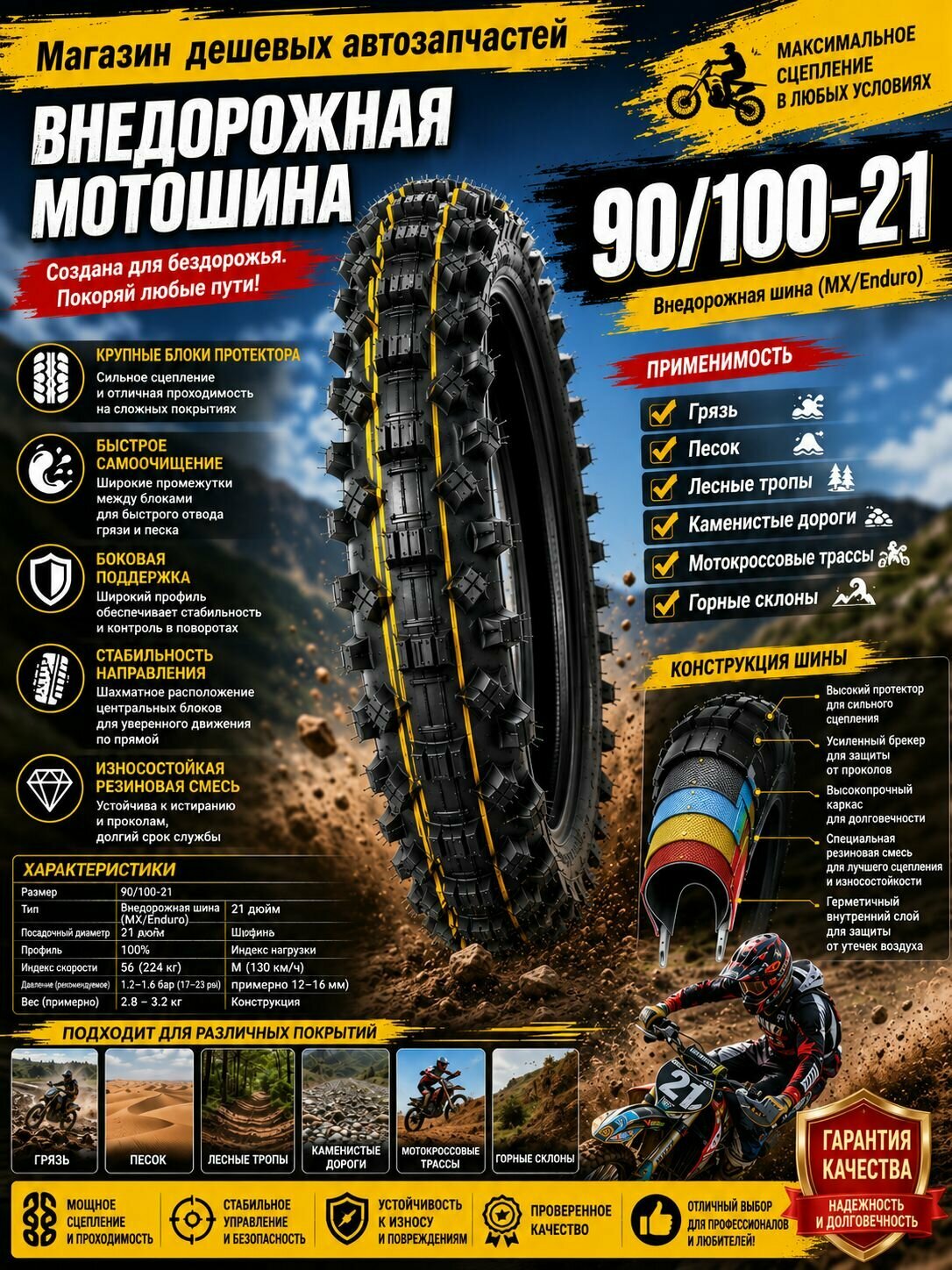 Блик волны HTB Мотошина90/100-21 Мотошины 90/100 R21 74 M Rear