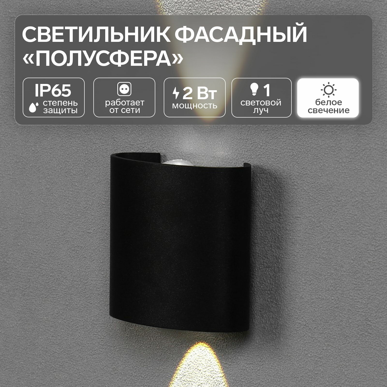 Светильник фасадный "Полусфера", FSD-074, 2 Вт, 4000К, 1 луч, IP65, 220 В, пластик, чёрный