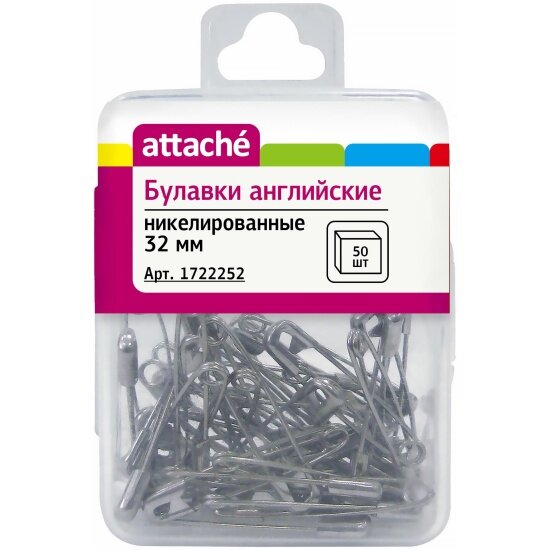 Булавки Attache английские , 32 мм, никелир,50 шт/уп, пласт. коробка, европодв