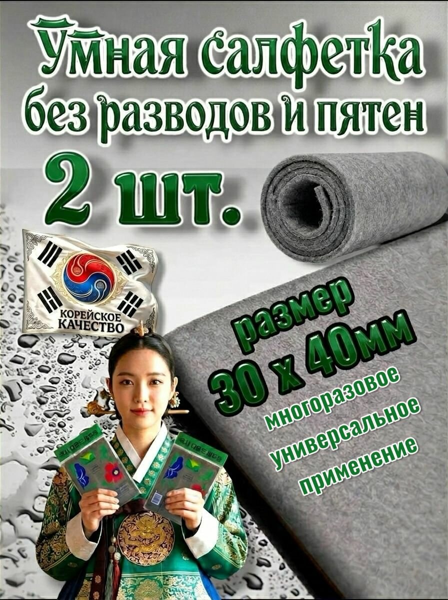 Умные салфетки для уборки, тряпки для уборки, 30*40 см, 2 шт, для стекла, зеркал, экранов и гладких поверхностей, без