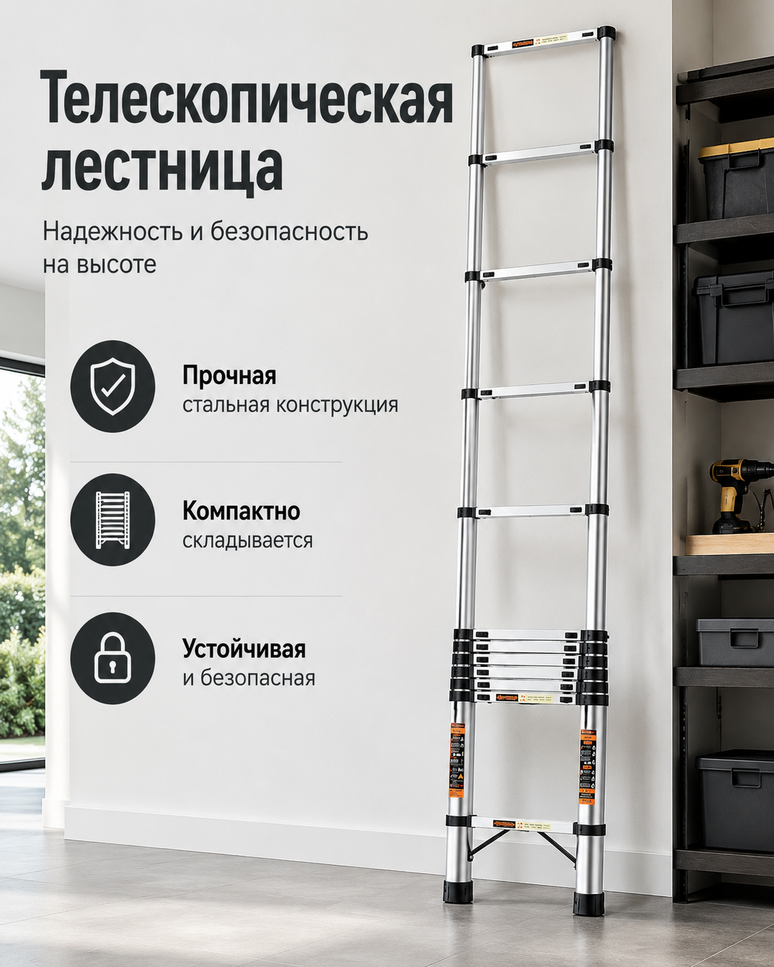 Многофункциональная телескопическая лестница, может поднимать и опускать прямую лестницу, 2,3 мстали