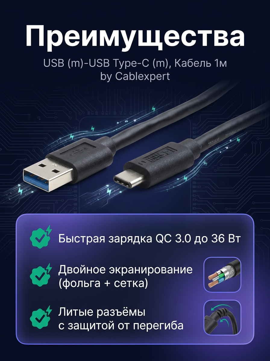 USB (m)-USB Type-C (m), Кабель 1м — фото 1