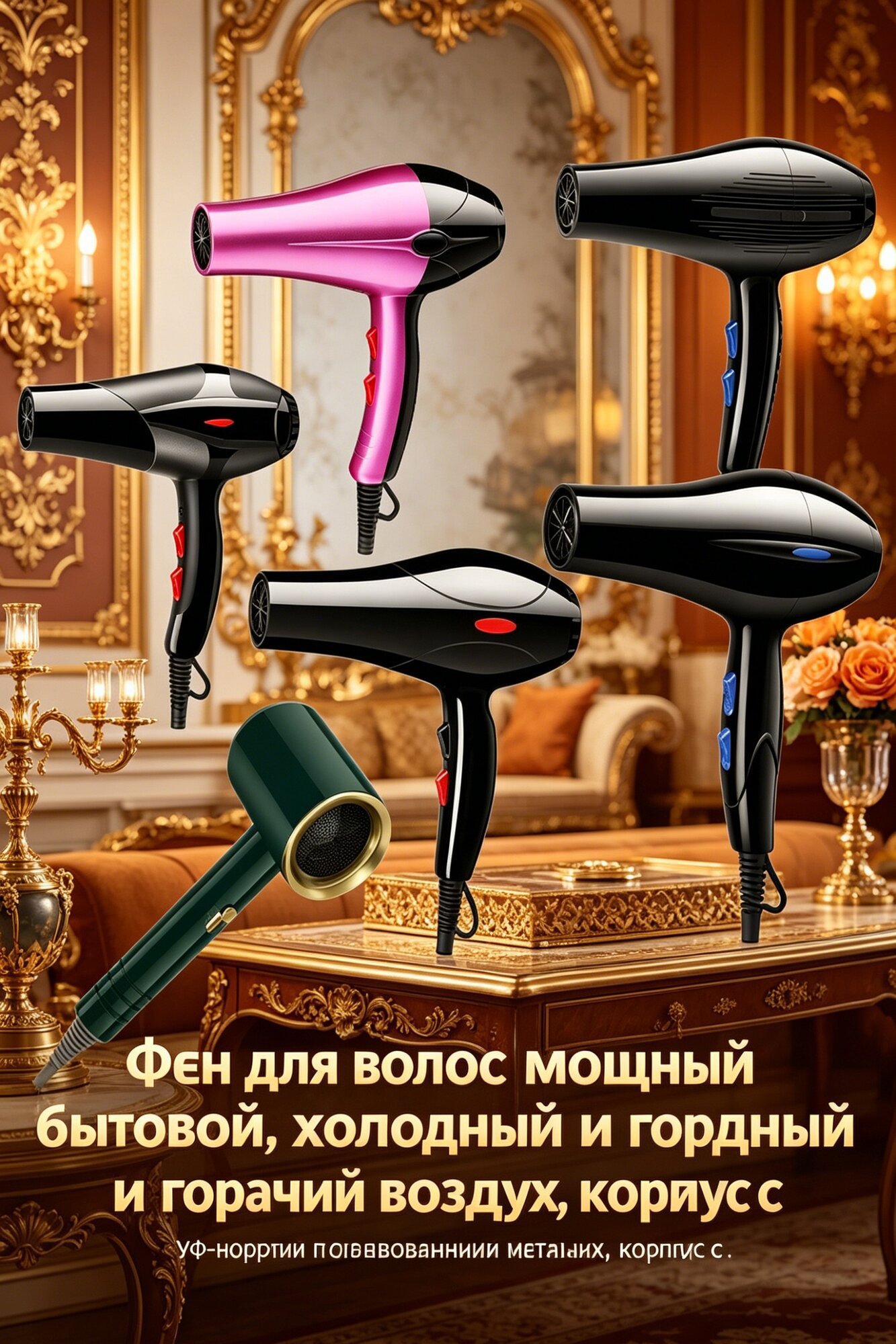 Фен для волос мощный бытовой, холодный и горячий воздух, корпус с УФ-покрытием, резиновой и металлической краской