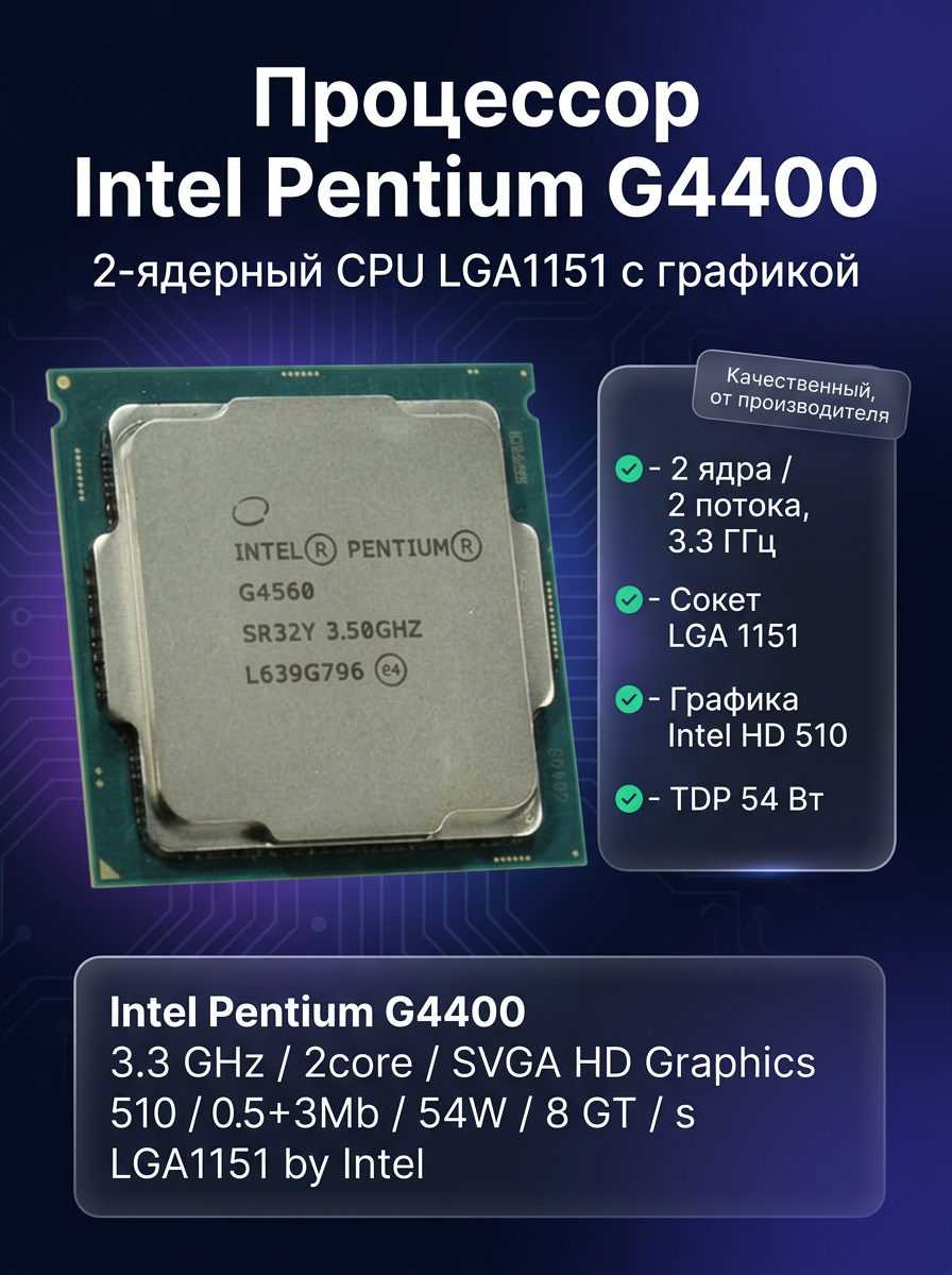 Процессор Intel Pentium G4400 (CM8066201927306), LGA1151, 2 ядра, 3.3 ГГц, HD Graphics 510