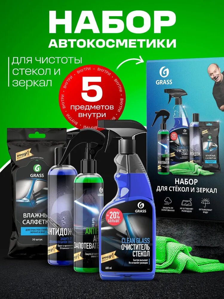 GRASS | Набор автохимии для стекол и зеркал, 5 предметов