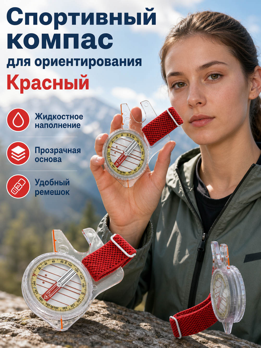 Компас Moscompass 11XR жидкостный спортивный красный увеличенный