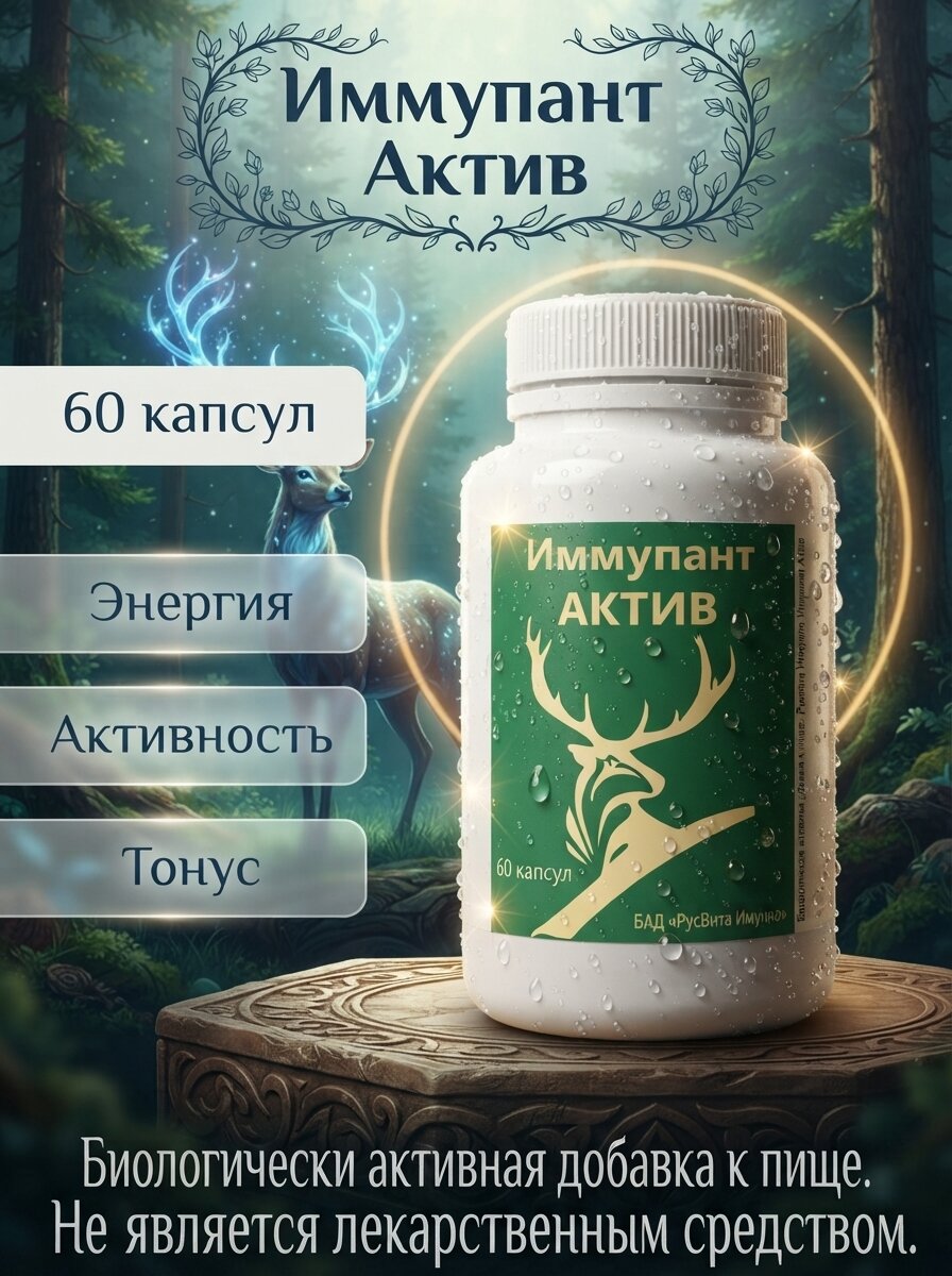 БАД Русвита Иммуно, Иммупант Актив — комплекс для иммунитета, антиоксидантная защита и стрессоустойчивость, банка 60 капсул
