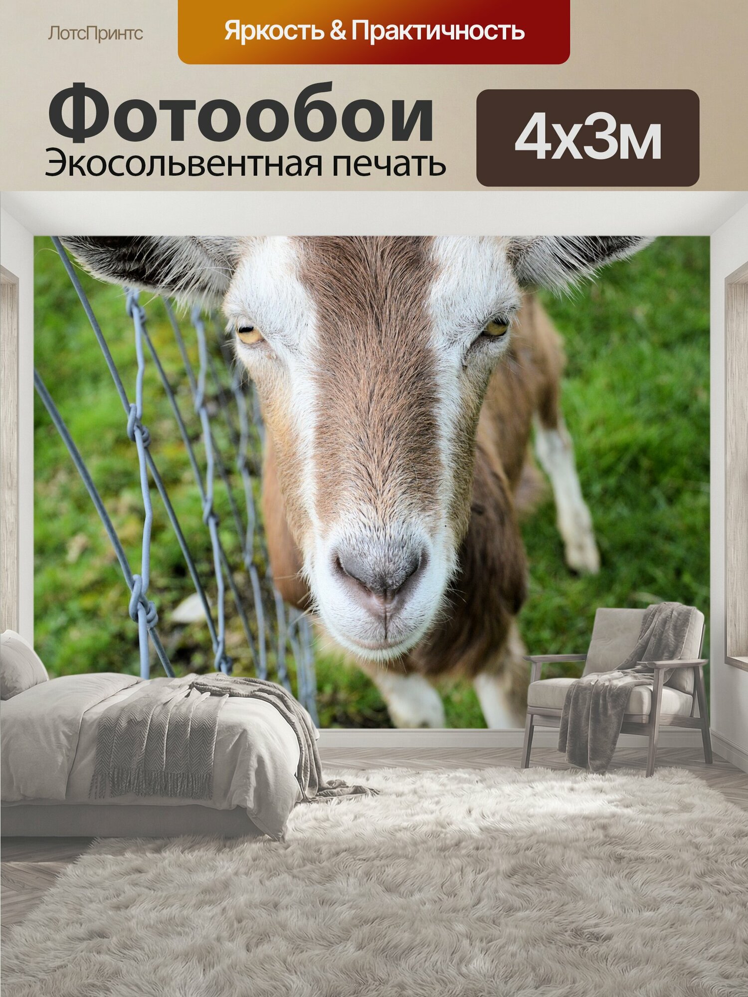 Фотообои "Козы Фотографии с одним или несколькими коз коза крупный рогатый скот животное коз ферма сельскохозяйственные животные молоко природа" 400x300 см. экосольвентная печать