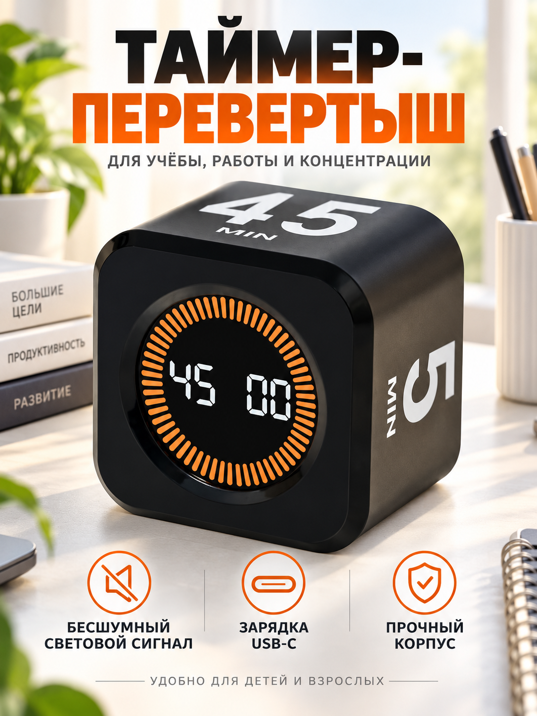 Таймер-перевертыш настольный электронный, круговой визуальный дисплей, бесшумный сигнал для детей и взрослых дома и в офисе