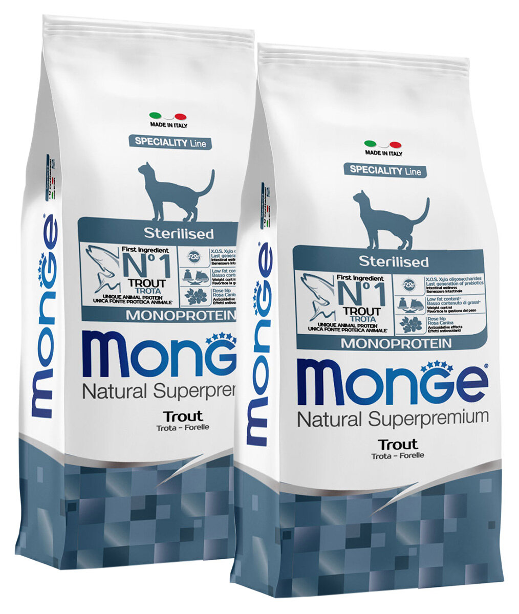 Корм сухой Monge Speciality Monoprotein Cat Sterilised Trout монобелковый для взрослых кастрированных котов и стерилизованных кошек, форель, 10 кг 2 шт