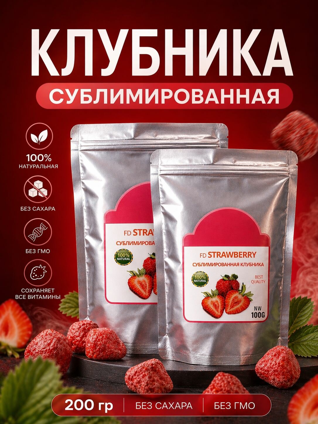 Клубника сублимированная целая, cублимированные ягоды в зип лок 200гр (2 пакета)