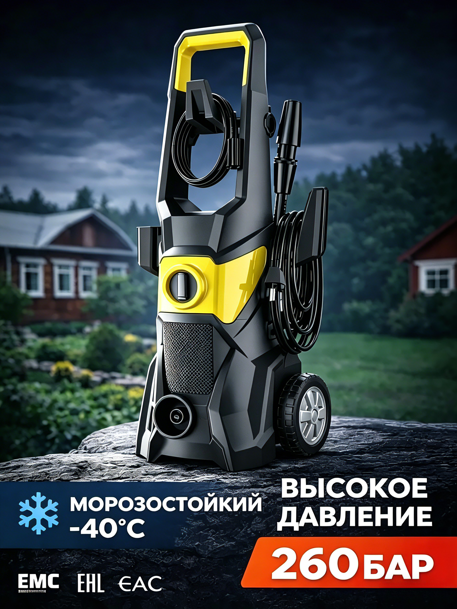 Мойка высокого давления 260 бар, морозостойкая до -40°С, для мойки автомобиля, сада и дома, портативная с колесами