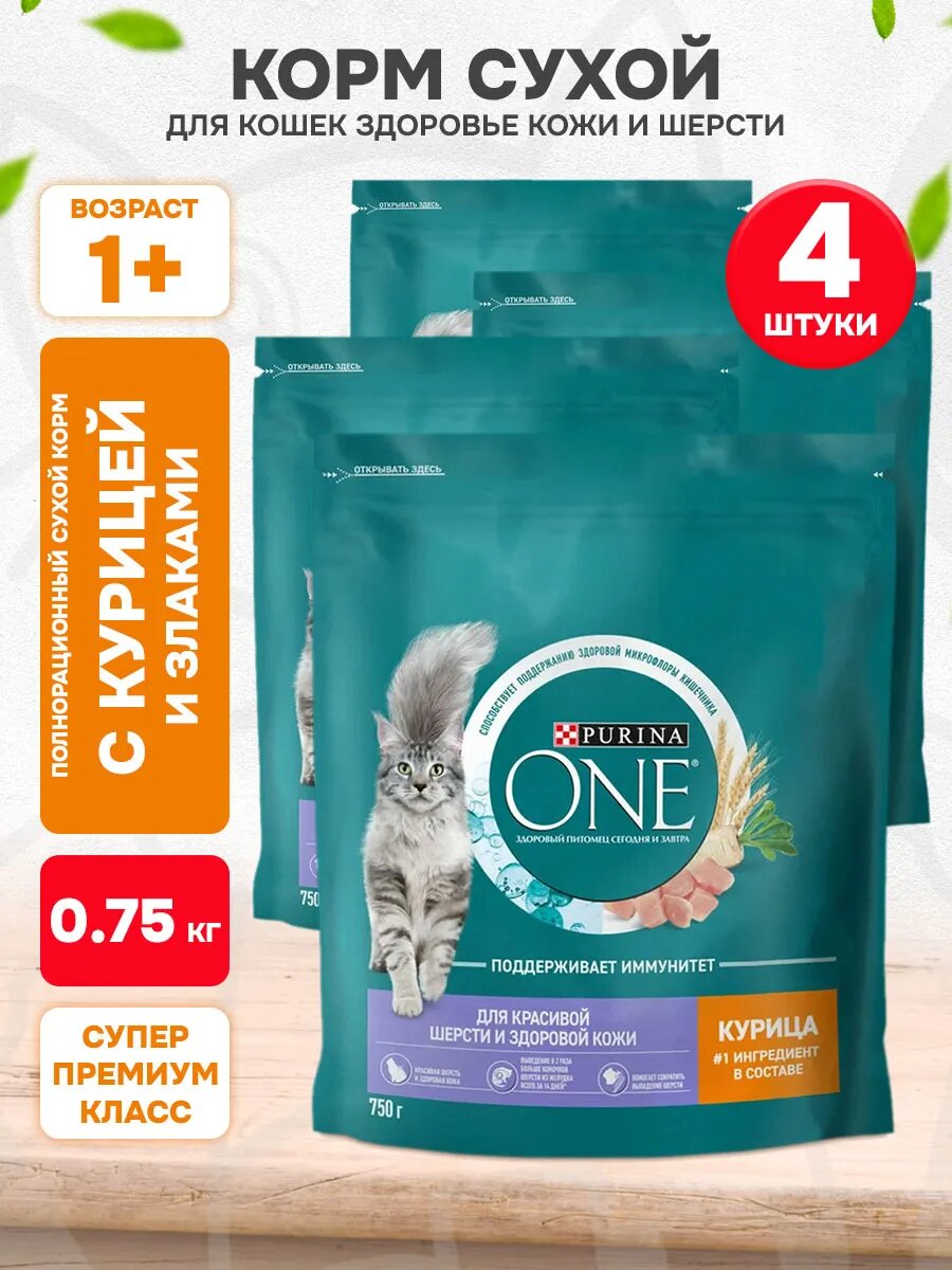Корм сухой Purina One Elegant для взрослых кошек для здоровья кожи и шерсти, курица и цельные злаки, 750 г х 4 шт