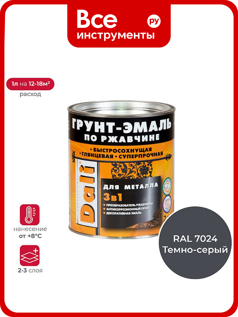 Графитовая грунт-эмаль по ржавчине DALI 3 в 1 серая Ral 7024, 2 л 232351