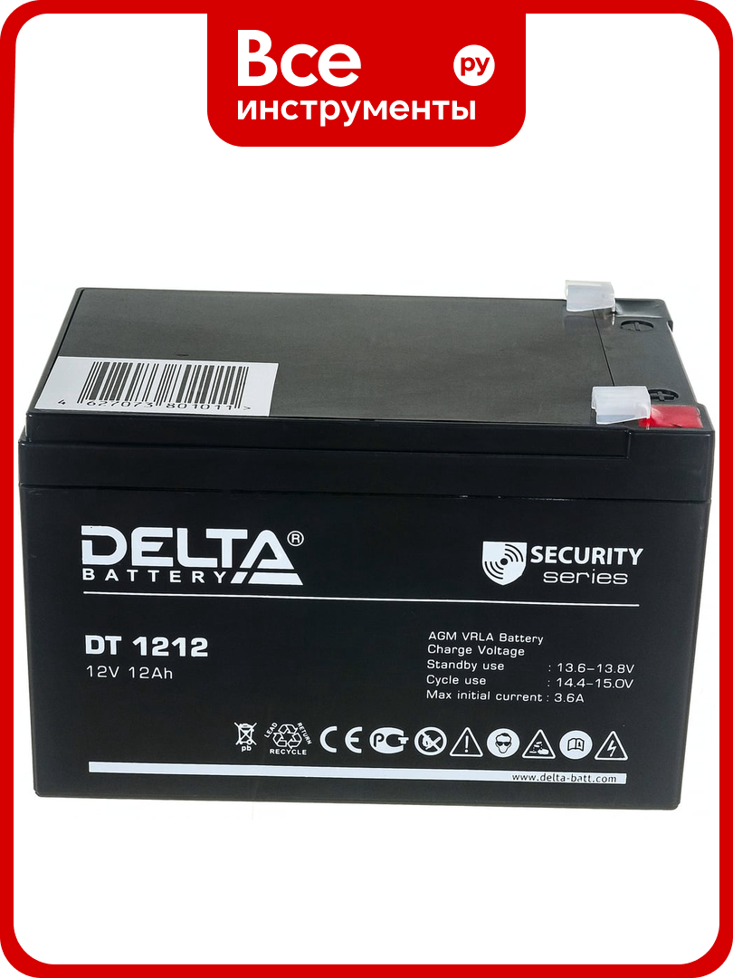 Аккумуляторная батарея Delta DT 1212, AGM, необслуживаемый, 12В, 12 Ач, черный