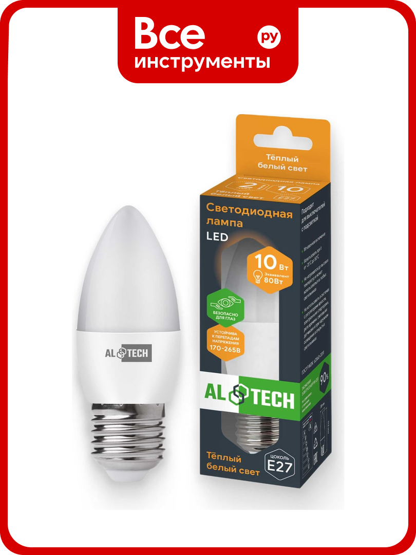 Лампочка светодиодная ALTECH LED С35-10W-830-E27 10Вт свеча теплый белый свет 4673758070081