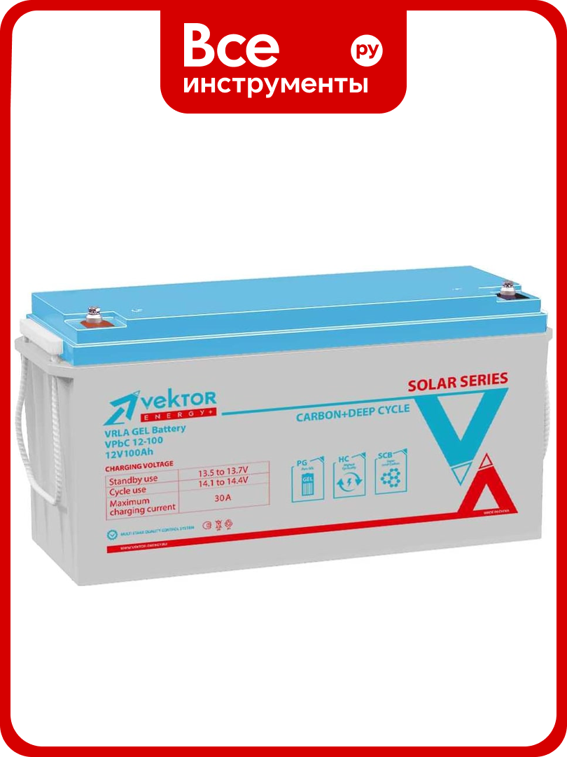 Аккумуляторная батарея VPBC 12-100 12В, 100Ач Vektor Energy 51620 технология GEL, прямая полярность, стандартные клеммы