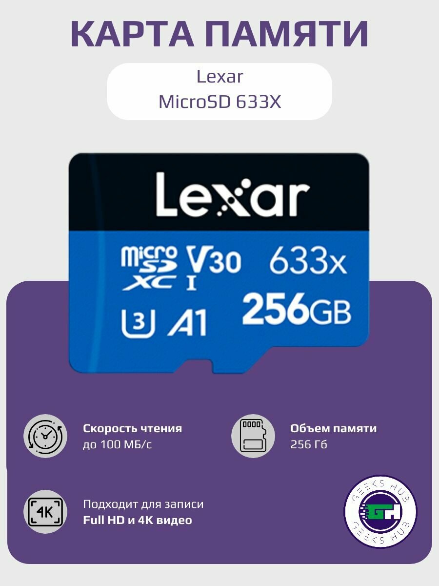 Карта памяти Lexar MicroSD 633X, 256 ГБ, скорость чтения до 100 МБ/с