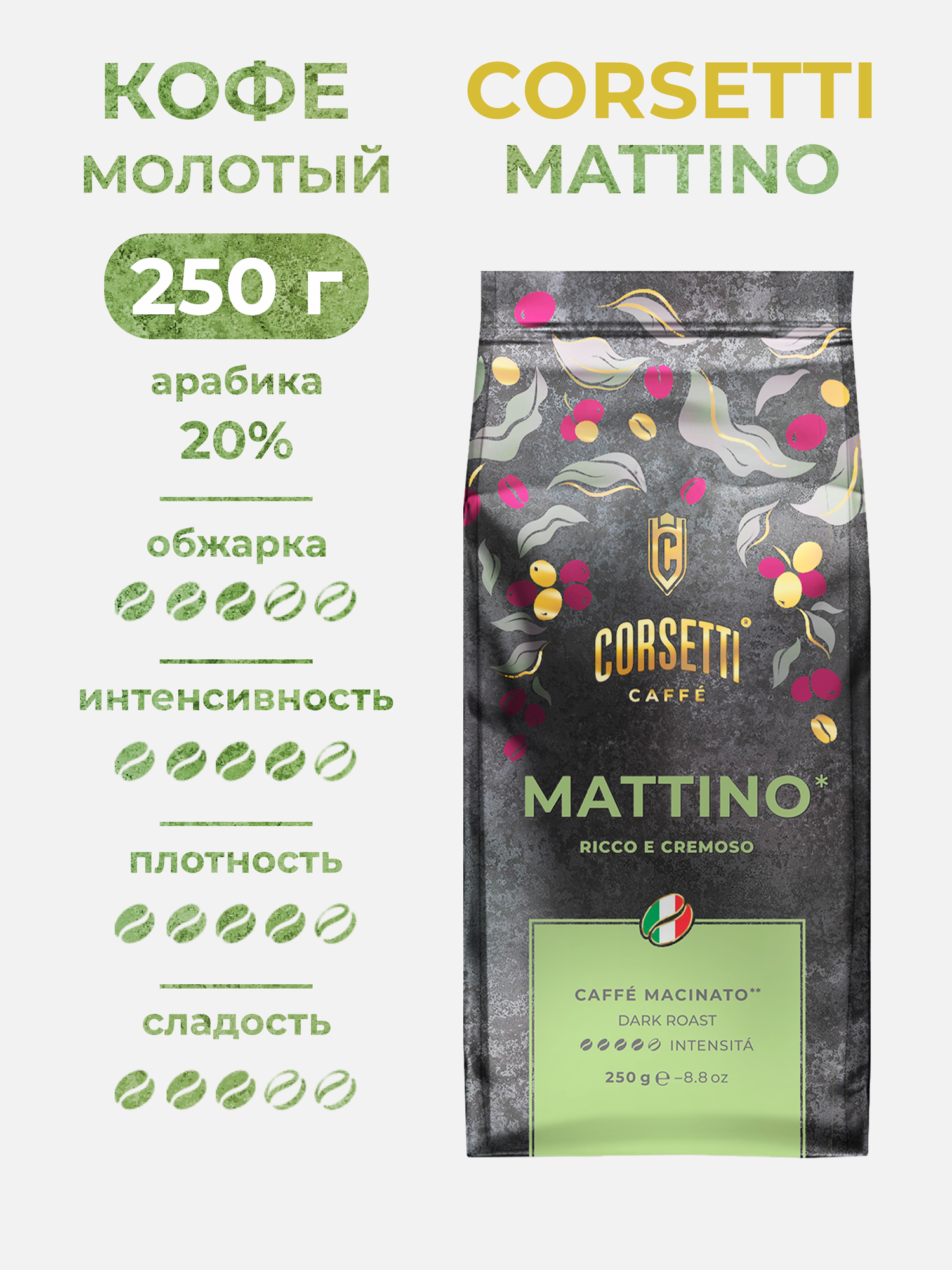 Итальянский молотый кофе 250 г робуста арабика Corsetti Mattino темная обжарка