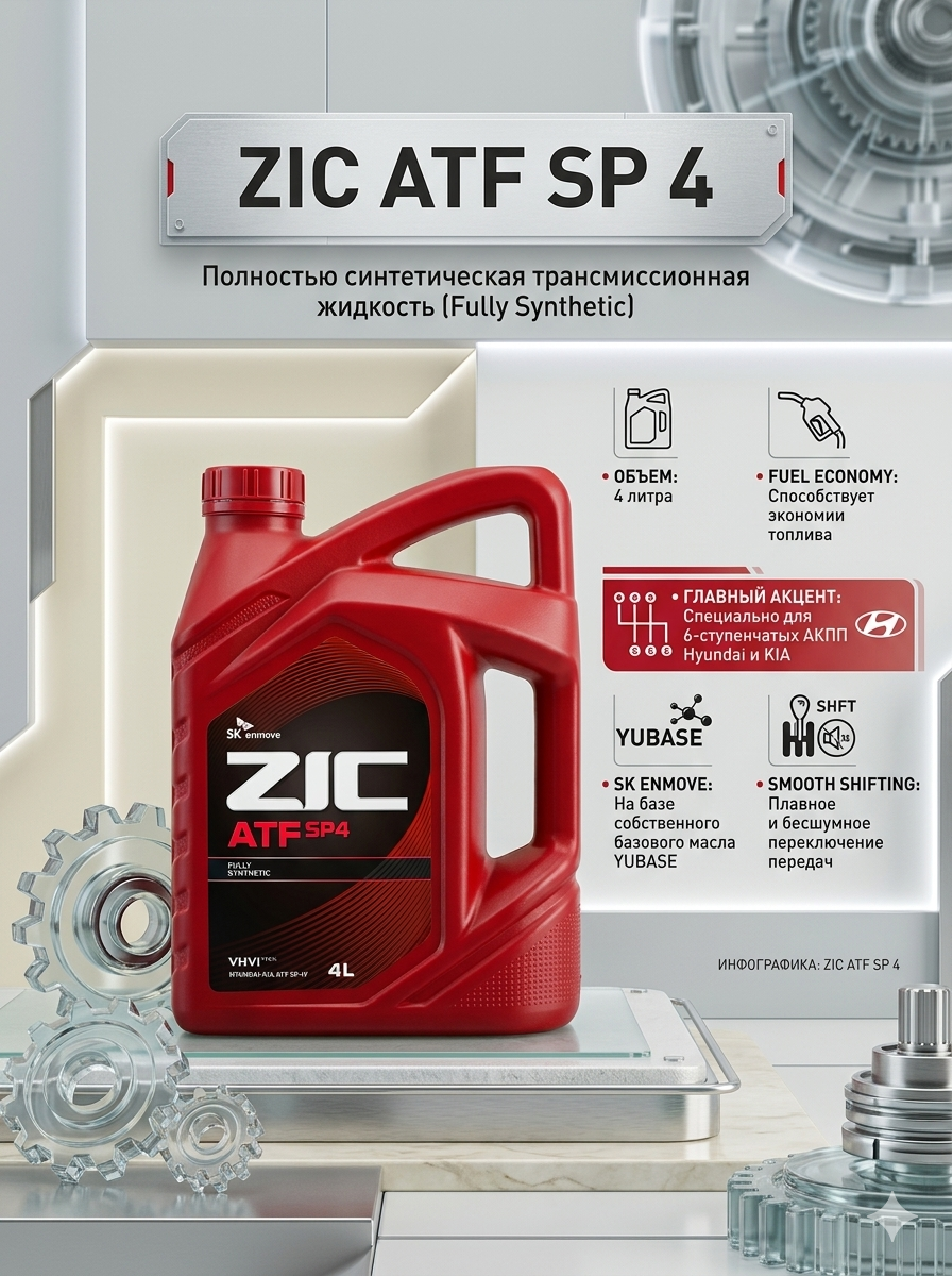 Масло трансмиссионное ZIC ATF SP4, 4 литра, для авто, синтетическое